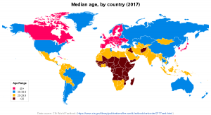 Map: Median age by country - SAS Learning Post